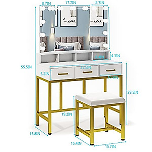 PAKASEPT Vanity Set with Lighted Mirror, Makeup Vanity with Rotating Mirror and 13PCS LED Bulbs, Cushioned Stool & 3 Drawers, Vanity Desk for Women Girls, White Vanity