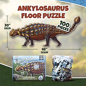Ankylosaurus Dinosaur Jigsaw Puzzle | 100-Piece Double Sided Floor Puzzle with Glow-in-The-Dark Skeleton On Other Side | 4 FT Scientifically Accurate Dino Illustration | Educational Toy for Kids