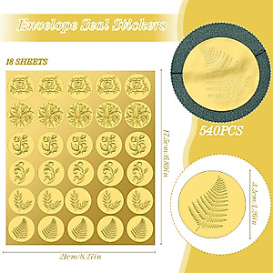 540 Pcs Gold Embossed Envelope Seals Stickers Flowers Plants Self Adhesive Seal Stickers Wax Seals Stickers for Wedding Invitations Greeting Cards Party Certification DIY, 6 Styles