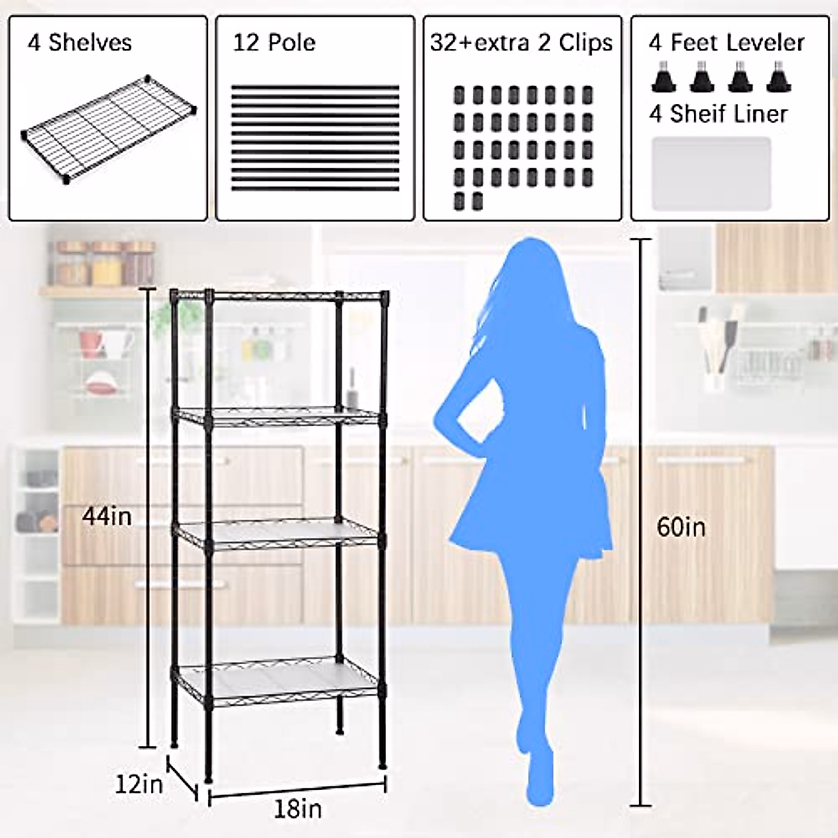 YRLLENSDAN Adjustable Height Wire Shelving with Shelf Liners, 4 Tier Metal Storage Shelves 600lbs Loading Capacity Shelving Units and Storage for Kitchen and Closet (18W x 12D x 44H), Black