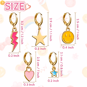 LieToi 9 Pairs Preppy Earrings Pack with Colorful Happy Smile Lightning Bolt Heart Star Charms Pendants Gold Small Huggie Hoop Dangle Earrings Trendy Y2K Preppy Jewelry Gifts for Teens Women