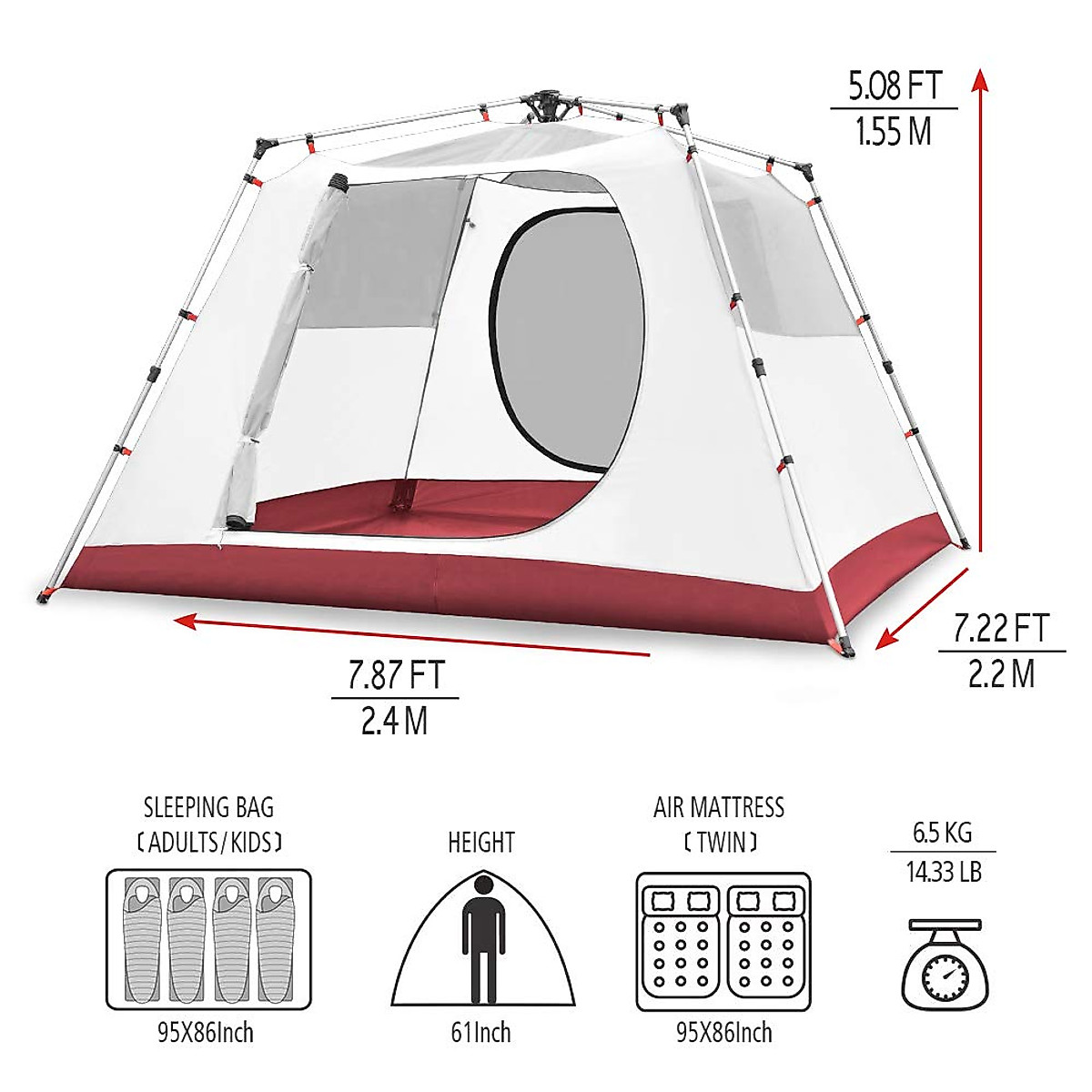 KAZOO Camping Tents 4 Person Waterproof Instant Tents 4 People Cabin Tent Easy Setup with Sun Shade Automatic Aluminum Pole