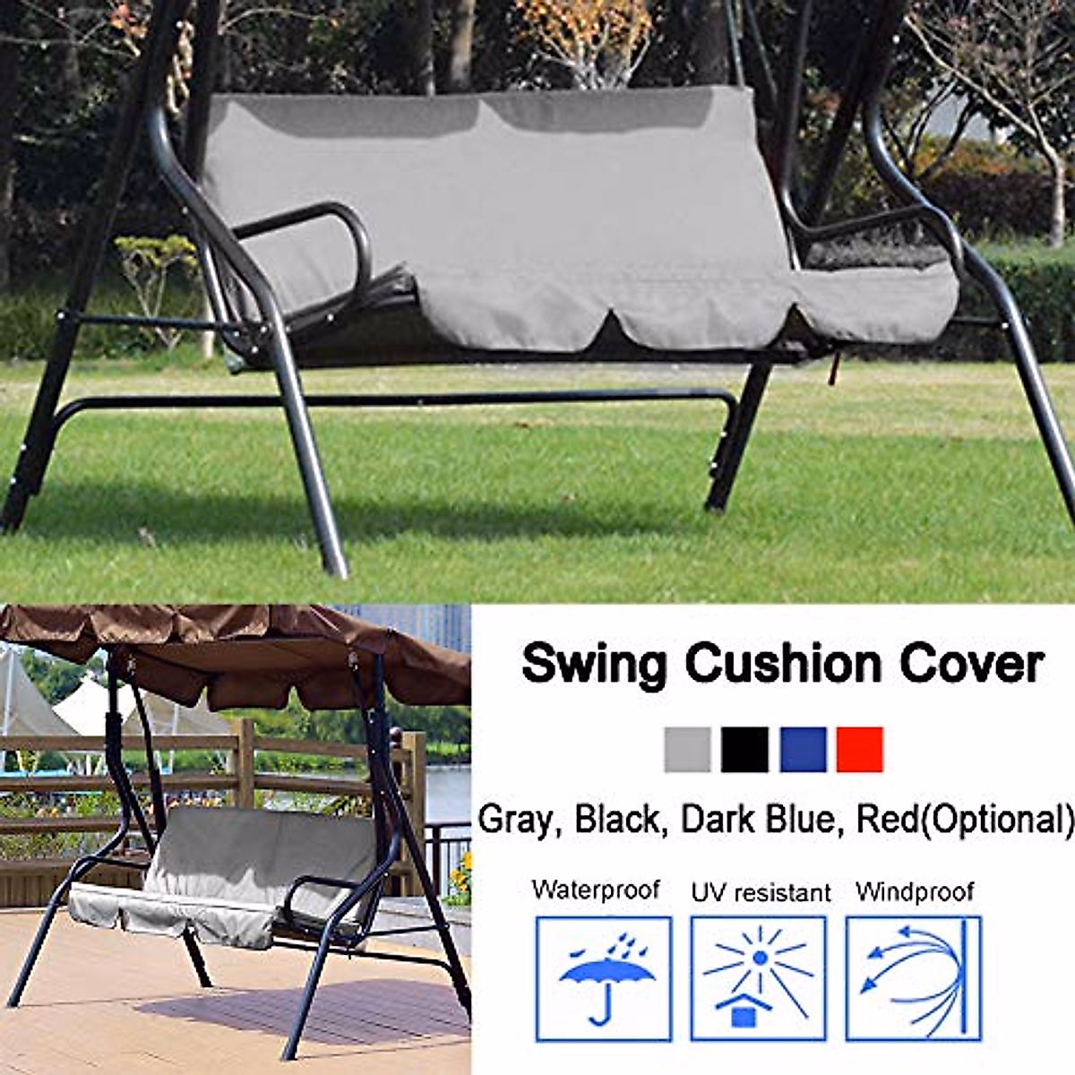 Oumefar 3 Seater Swing Cushion Waterproof Outdoor Lightweight Swing Seat Cover for Patio(Gray)