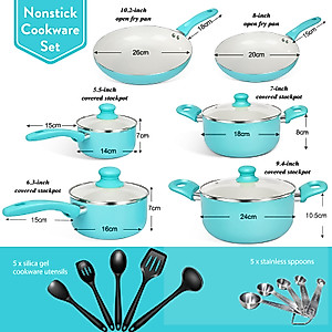 Almcmy Nonstick Cookware Set, 20 Piece Kitchen Cookware Sets, Pots and Pans Cooking Set with Glass Lids, Stay-Cool Handles & Cooking Utensils, PFAS-Free, Dishwasher Safe, Oven Safe, Turquoise