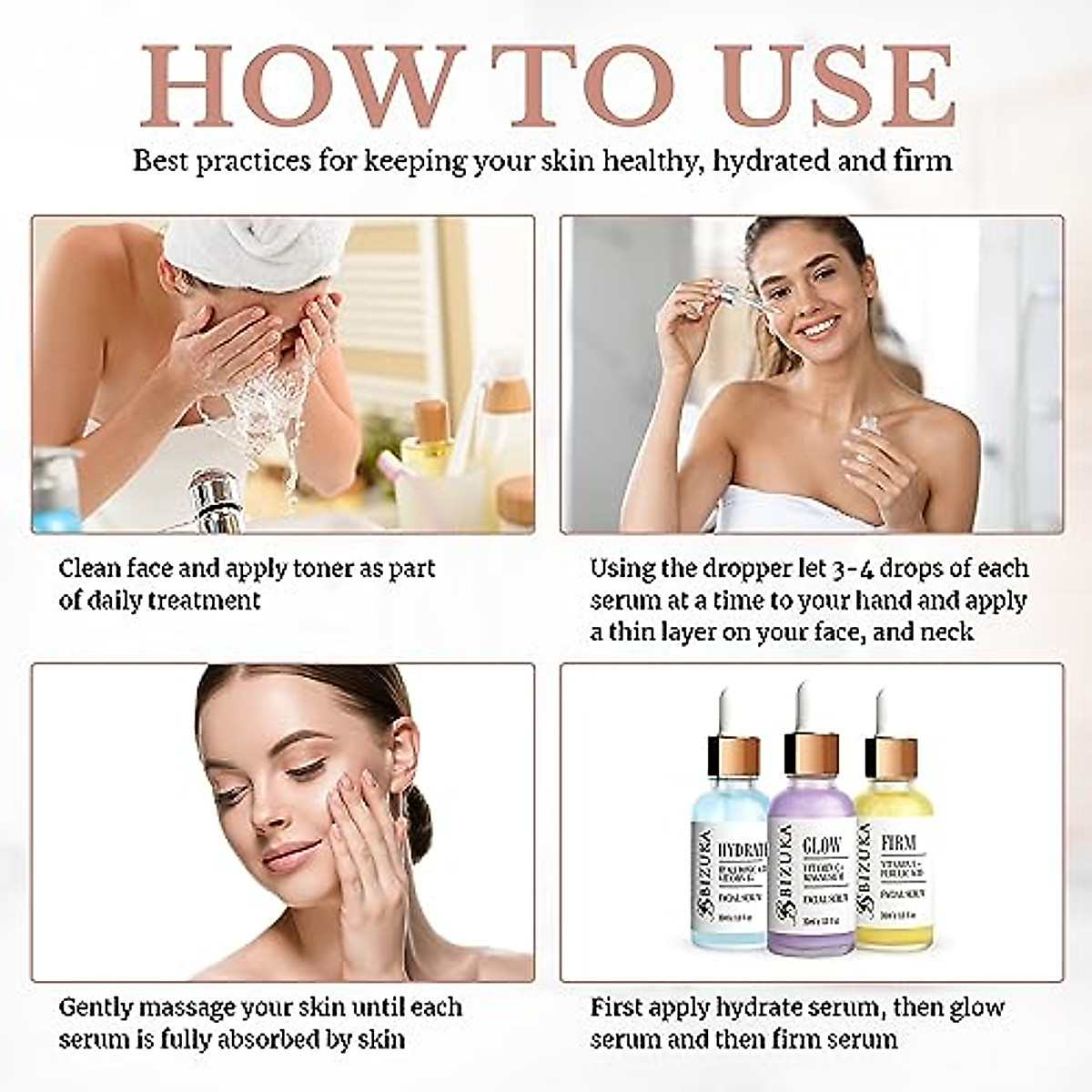 BIZUKA Vitamin C Serum Combo Pack - 3-in-1 Hydrating Skincare Set With Vit C Serum & Magnesium, Vitamin B5 & Hyaluronic Acid, Vitamin E & Ferulic Acid - Natural Formula, No Sulfates or Parabens - 1oz