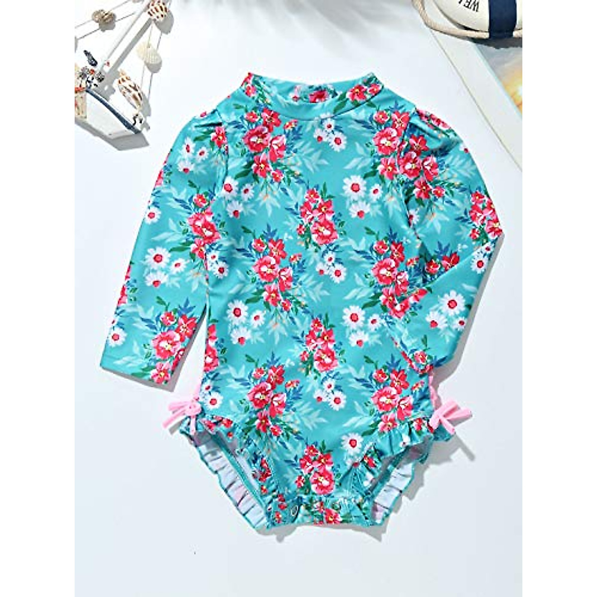 MSemis Infant Baby Girls Floral Printed Ruffled Back Rash Guard UPF 50+ Swimwear Swimsuit Bathing Suit Blue 18-24 Months