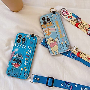 Hosiss Cartoon Case for iPhone 13 Pro Max 6.7" with HD Screen Protector, Stitch Upgraded Wrist Strap Band Adjustable Lanyard TPU Shockproof Protective Phone Case for Women