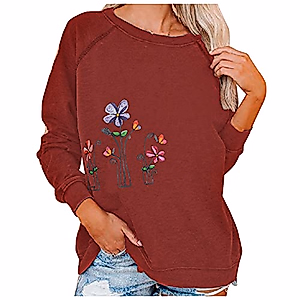 raillery Womens Fashion Solid Color Print SweaterLong Sleeve O Neck Blouse Loose Casual Tunic Tops
