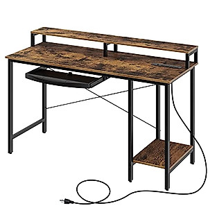 Rolanstar Computer Desk with Power Outlet and Monitor Stand Shelf, 55” Home Office PC Desk with Keyboard Tray and USB Ports Charging Station, Desktop Table,Stable Metal Frame Workstation, Rustic Brown