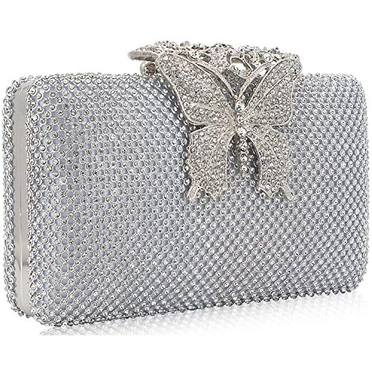 Dexmay Rhinestone Crystal Clutch Purse Butterfly Clasp Women Evening Bag for Formal Party Silver