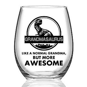 Waipfaru Grandmasaurus Like a Normal Grandma But More Awesome Stemless Wine Glass, Funny Grandma Wine Glass, Ideal Christmas Birthday Gifts for Grandma Grandmother Granny Mom Friends Women Her, 15Oz