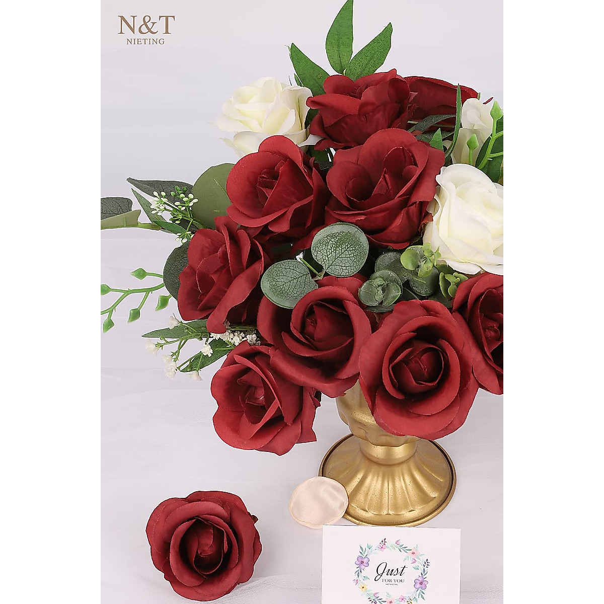 N&T NIETING Artificial Flowers, 20Pcs Silk Rose Fake Flowers with Stems Bridal Wedding Bouquet Baby Shower Home Garden Party Decoration, Dark Red