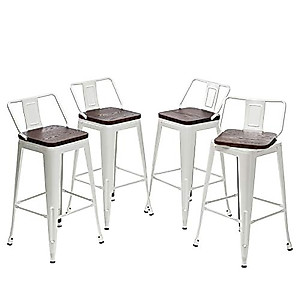 Yongqiang 24" Swivel Metal Bar Stools with Backs Counter Height Barstools Set of 4 Industrial Kitchen Dining Bar Chairs with Wooden Seat White