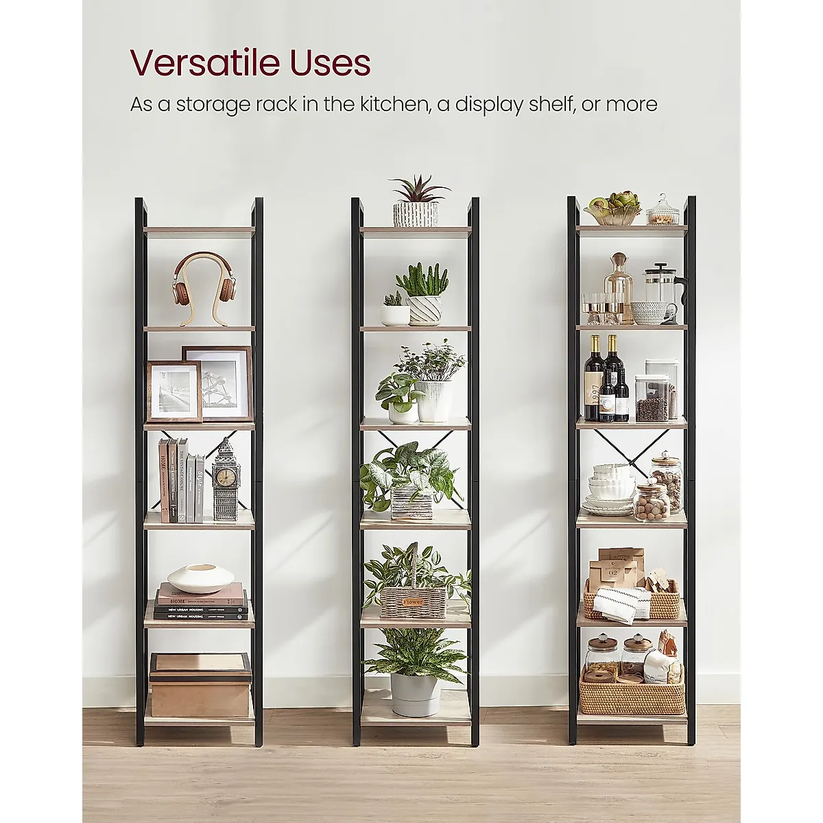 VASAGLE 6-Tier Tall Bookshelf, Narrow Bookcase with Steel Frame, Skinny Book Shelf for Living Room, Home Office, Study, 11.8 x 15.7 x 73.8 Inches, Industrial Style, Greige and Black ULLS101B02