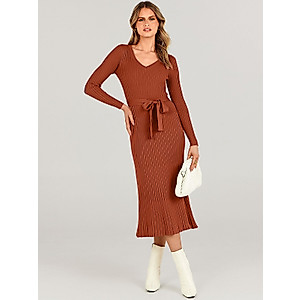 ANRABESS Women Long Sleeve V Neck A-line Tie Waist Slim Fit Ribbed Knit Bodycon Midi Sweater Dress 2025 Fall Trendy Outfits Rust Small