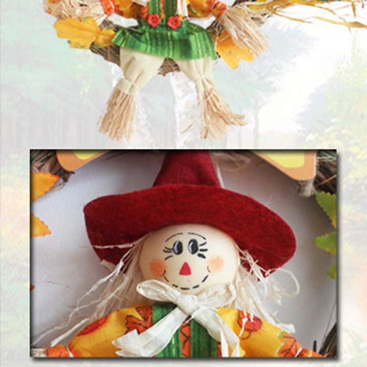 Scarecrow Wreath Hanging Scarecrow Ornament Scarecrow Garland Halloween Thanksgiving Decor Autumn Fall Harvest Decoration for Party Home Bar Garden(Small/Female)