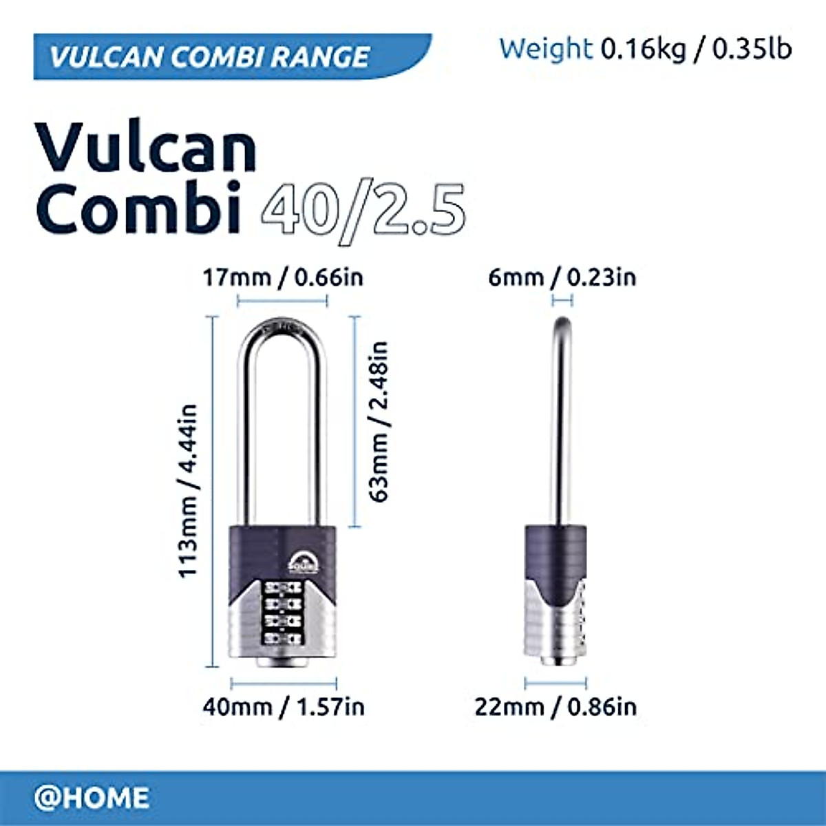 Squire 40/2.5 Vulcan Combi 40 2.5 Combination Padlock, 40mm, Blue