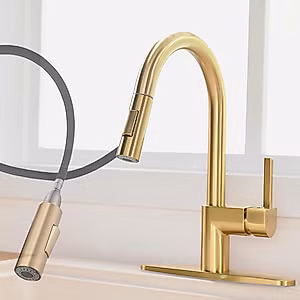 FROPO Gold Kitchen Faucet with Pull Down Sprayer - Modern Single Handle Pull Down Kitchen Sink Faucet with Deck Plate | Commercial Kitchen Faucet for 1 & 3 Hole Stainless Steel Brushed Gold