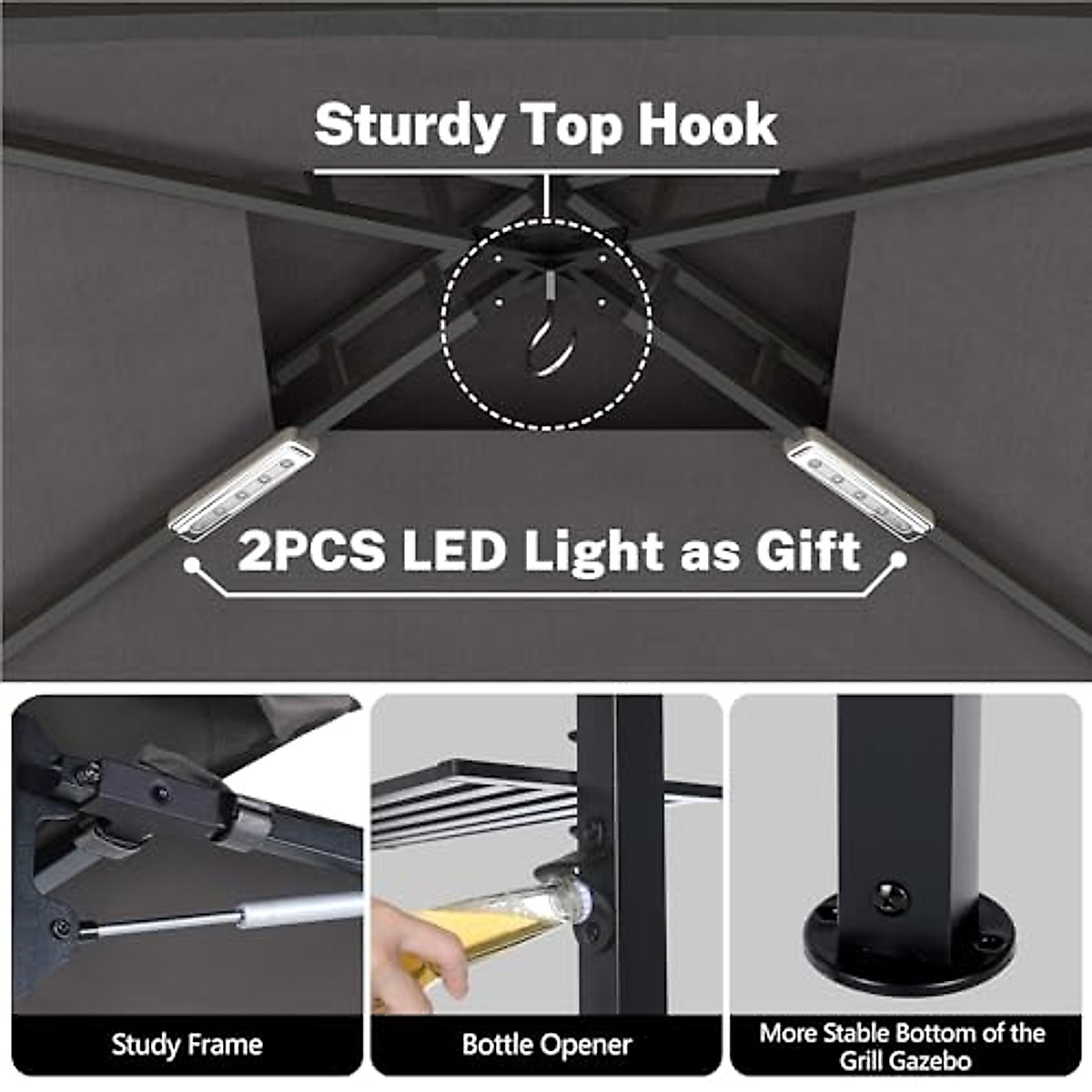 MASTERCANOPY 11 x 5 Grill Gazebo with Extra Side Awning Outdoor BBQ Gazebo with 2 LED Lights for Patio Party Backyard Picnic(Dark Gray)