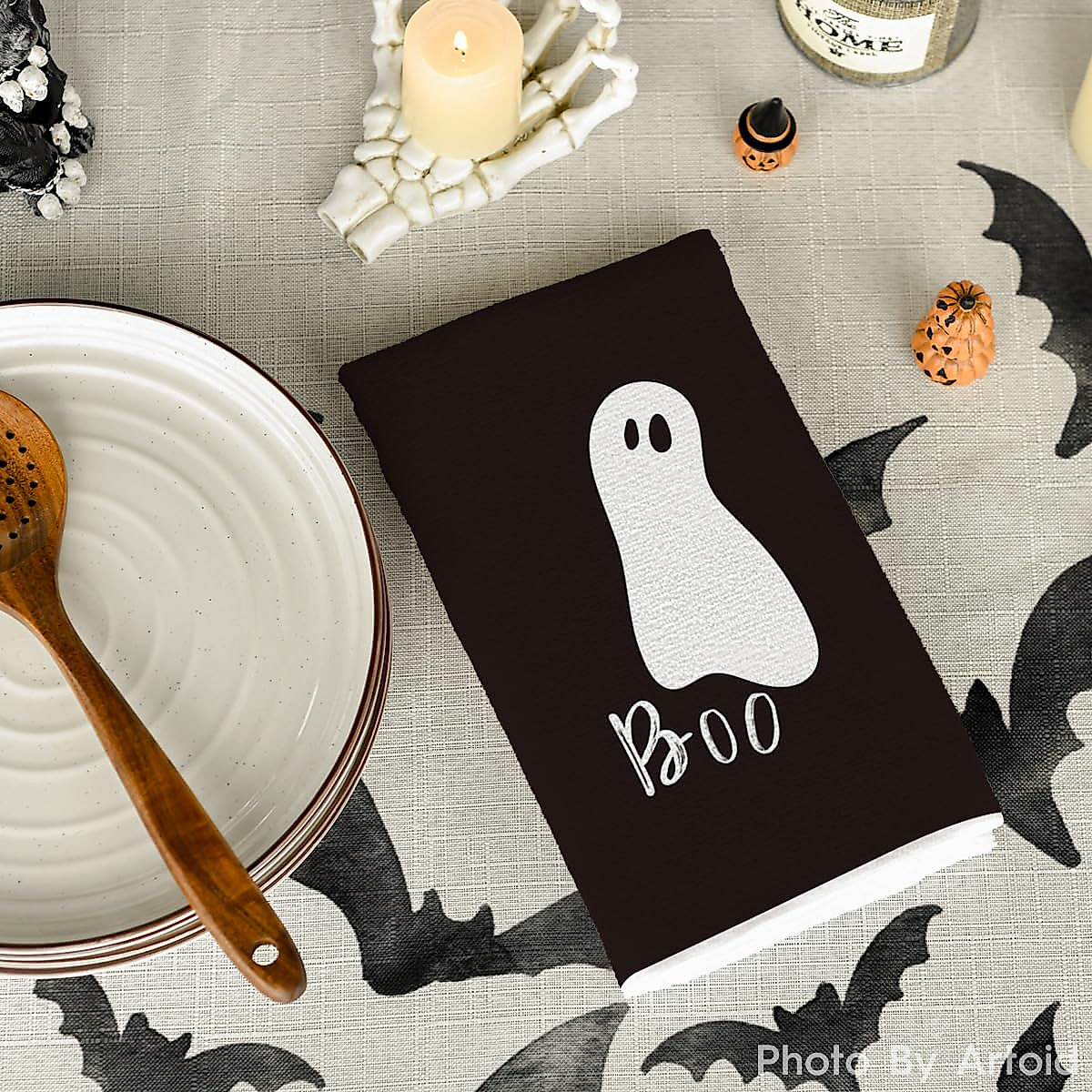 Artoid Mode Trick or Treat Halloween Kitchen Towels Dish Towels, 18 x 26 Inch Stripes Boo Ghost Holiday Ultra Absorbent Drying Cloth Hand Towels for Cooking Baking Set of 2