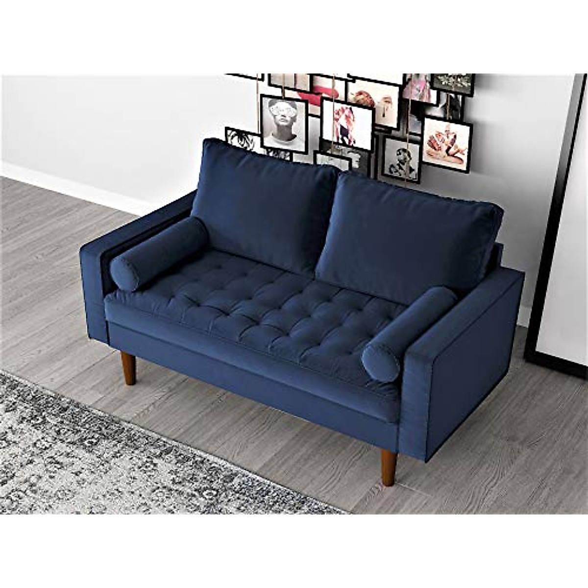 Container Furniture Direct Womble Modern Velvet Upholstered Living Room Diamond Tufted Chesterfield Loveseat with Gleaming Nailheads, Misty Blue