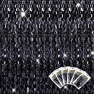 Jutom 6 Pieces 3.3 x 6.6 ft Wavy Tinsel Foil Fringe Curtains Foil Fringe Streamer Backdrop Party Curtain for Sea Mermaid Baby Shower Birthday Party Decoration(Black)