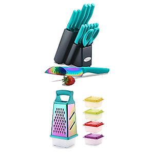 Rainbow Color Cutlery Knife Set, Marco Almond KYA27 Kitchen Knives Set with Wooden Block Plugs Professional Rainbow Color Box Grater,Stainless Steel Grater Slicer 5 PCS Set