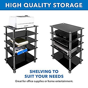 Mount-It! Tempered Glass AV Component Media Stand, Audio Tower and Media Center with 5 Shelves, 220 Lbs Total Capacity, Black Shelves Chrome Legs (MI-8671)