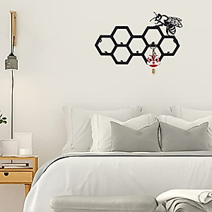 Cabilock 1pc Holder Multi- for Hook Hexagon Towels Rack Hanging Organizer Mounted Dog Wall Scarves Pattern Wooden Craft Household Metal Black Rustic Honeycomb Bedroom Key