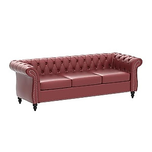 wirrytor Chesterfield Classic Sofa, Modern Leather 3 Seater Sofa, Upholstered Tufted Back Settee Couch with Rolled Arms Nailhead Trim for Living Room Bedroom(Burgundy)