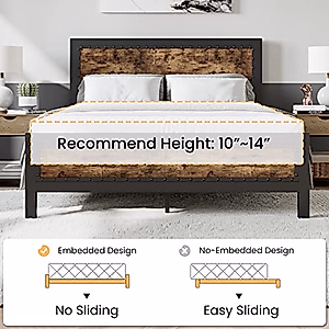 SHA CERLIN Grey Metal Bed Frame Queen/Industrial Wooden Platform Bed with Rivet Headboard/No Box Spring Needed