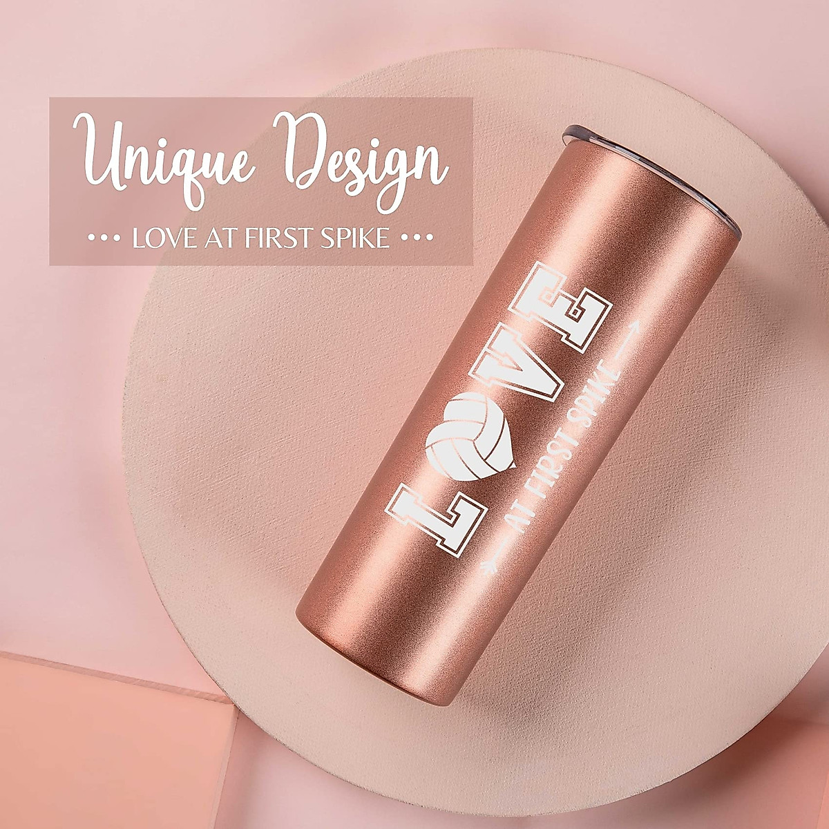 Onebttl Volleyball Gifts for Teen Girls & Team, Stainless Steel Kids Volleyball Tumbler, Double Wall Vacuum Insulated Bottle with Lid and Straw - RoseGold Love at first Spike