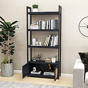 4 Tier Modern Bookshelf with Cabinet, Tall Bookcase with Woven Cane Doors, Freestanding Wood and Metal Display Shelf Unit for Living Room, Bedroom, Office (31.5" W x 11.8" D x 70.8" H, Black)