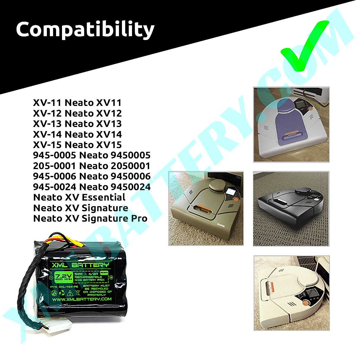 XML Battery (2 Pack XV-11 Neato XV11 XV-12 XV12 XV-13 XV13 XV-14 XV14 XV-15 XV15 7.2v 4000mAh Ni-MH Battery Vacuum Robot