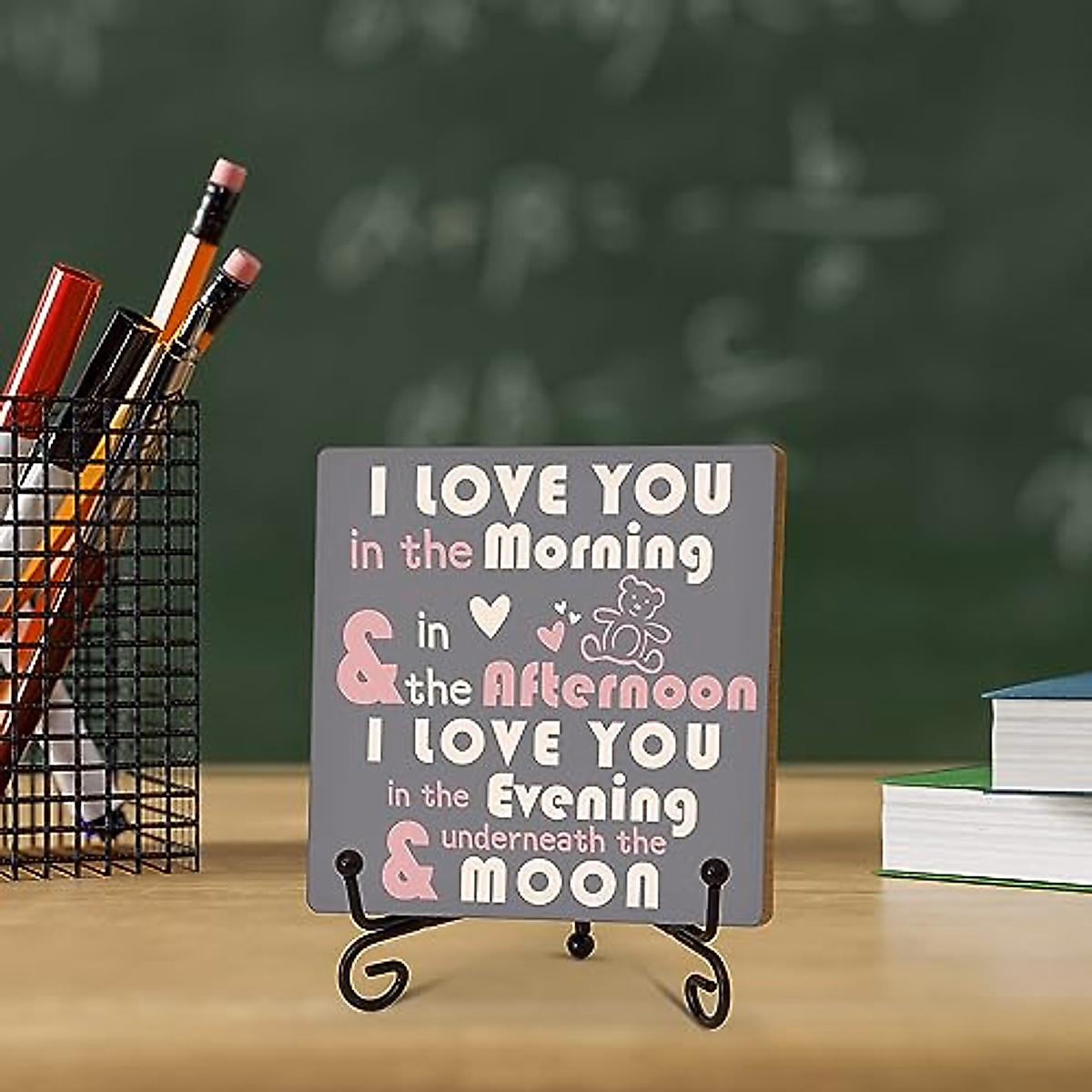 Nursery Wooden Sign With Metal Easel Stand, I Love You In The Morning Wood Plaque Bear Themed, Gray and Pink Nursery Decorations Gifts for Home Bedroom Girls Room Tabletop-B17