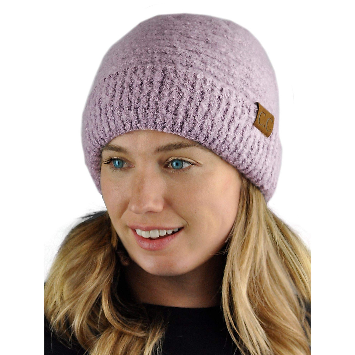 C.C Unisex Solid Color Warm Boucle Knit Skull Cap Cuff Beanie, Grapeade