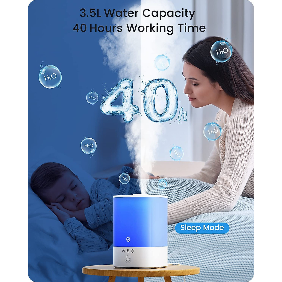 Humidifiers for Bedroom Large Room, Esemoil Smart WiFi Cool Mist Humidifiers for Baby, 3.5L Top Fill & 28dB Quiet, 40H Air Ultrasonic Diffuser with 8 Color Light, Voice Control, Compatible with Alexa