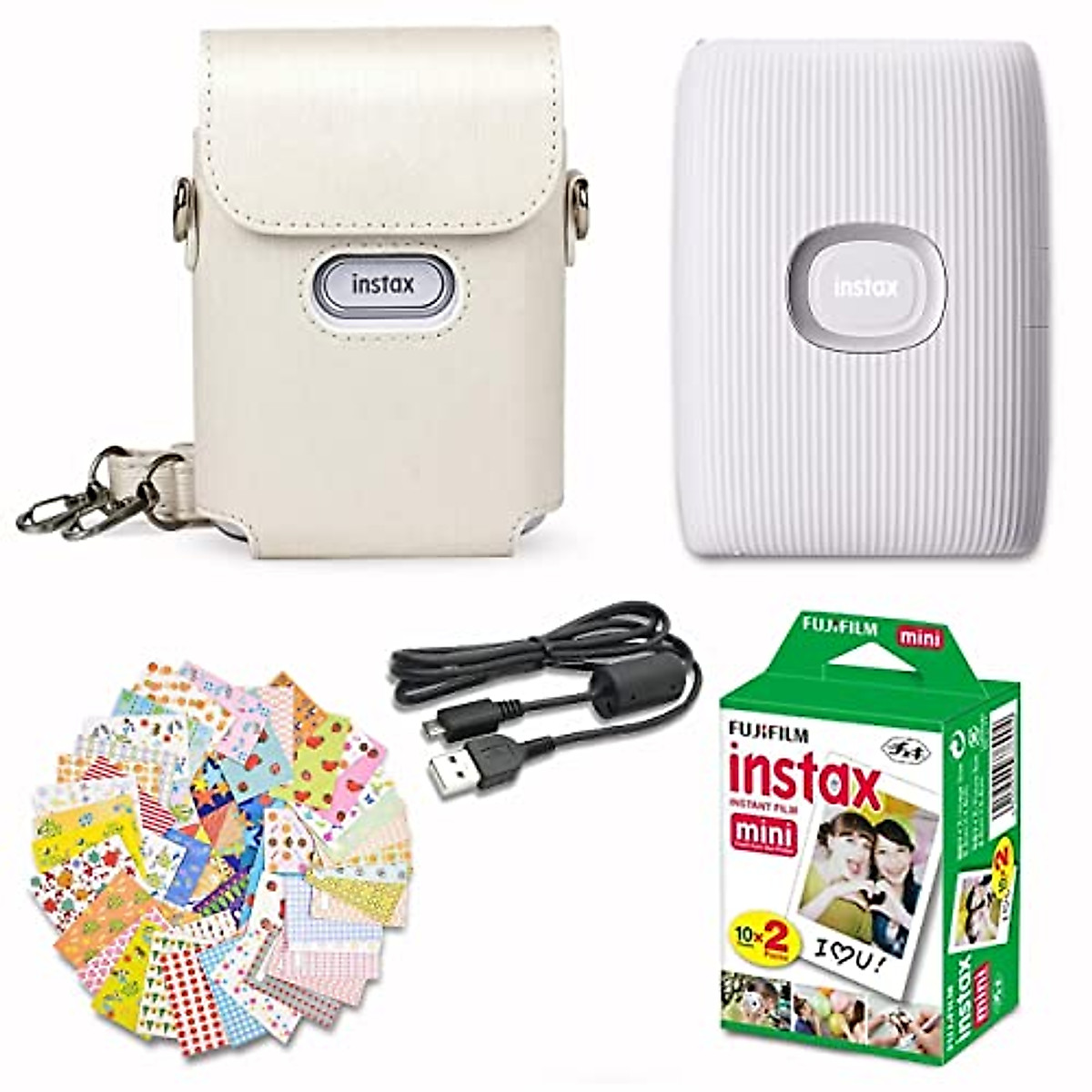 Fujifilm Instax Mini Link 2 Smartphone Printer Clay White + Fuji Film Value Pack (20 Sheets)+ Shutter Accessories Bundle, Incl. Protective Case, 60 Sticker Frames, USB Cable