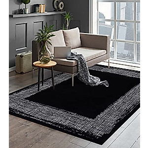 Beverly Rug Modern Border Indoor 5x7 Area Rugs w/Jute Backing for Living Room, Bedroom, and Kitchen Black/Off White