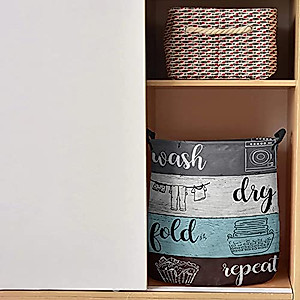 Laundry Room Large Laundry Basket,Collapsible Bag with Easy Carry Handles,Bathroom Dry Wash Fold Repeat Grey Blue White Brown Farmhouse Wood Waterproof Foldable Freestanding Hamper,Folding Storage