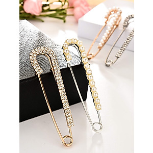 Women Brooch Pins Sweater Shawl Clips Faux Crystal Pearl Brooches Safety Pins Dress Shirt Clips for Women Gold Silver (4 Pieces)