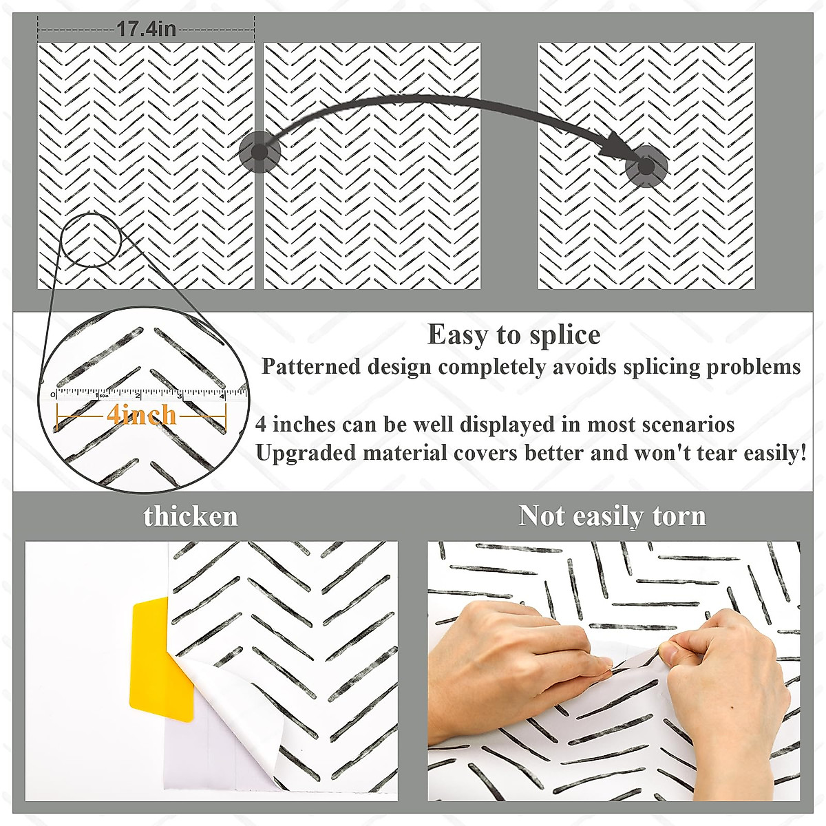 Rugreat Herringbone Peel and Stick Wallpaper Modern Contact Paper for Cabinets Stripe Wallpaper Neutral Self Adhesive Removable Wallpaper for Bedroom Bathroom Waterproof Black and White 78.8"×17.3"