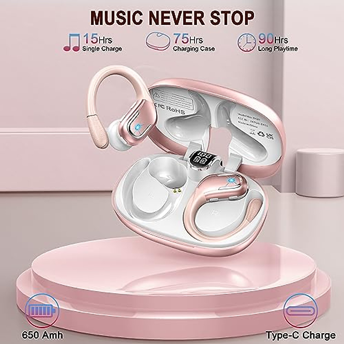 Wireless Bluetooth Earbud Sport, Bluetooth 5.3 Headphones with Noise Cancelling Mic, 90H HiFi Stereo Over Ear Earbud with LED Display and USB-C, IP7 Waterproof Earphones, Button Control, Rose Gold
