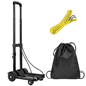 SINJEUN Black Folding Luggage Cart, 88 Lbs 40 KG Heavy Duty Folding 4 Wheels Hand Truck, Portable Fold Up Dolly with Bungee Cord and Backpack, Solid Construction Utility Cart