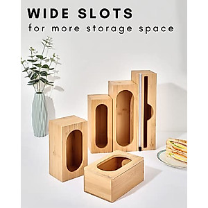 KUNABOO Bamboo Storage Bags Organizer, 5 Boxes Set Drawer Organizer for Plastic Storage Bags and Foil Plastic Wrap Cutter Dispenser (FSC Certified eco-Friendly Bamboo), Sandwich Bag Organizer