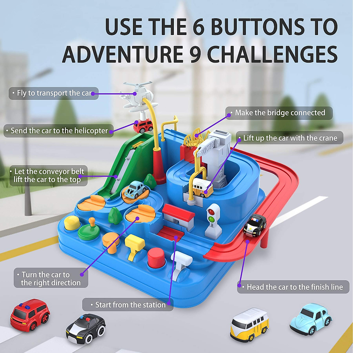 Car Adventure Toys for 3 4 5 6 7 8 Year Old Boys Girls, Race Tracks Toy for Boys with 4 Toy Vehicle, Preschool Educational Toy Car for Boys, Interactive Classic Toys Vehicle, Blue