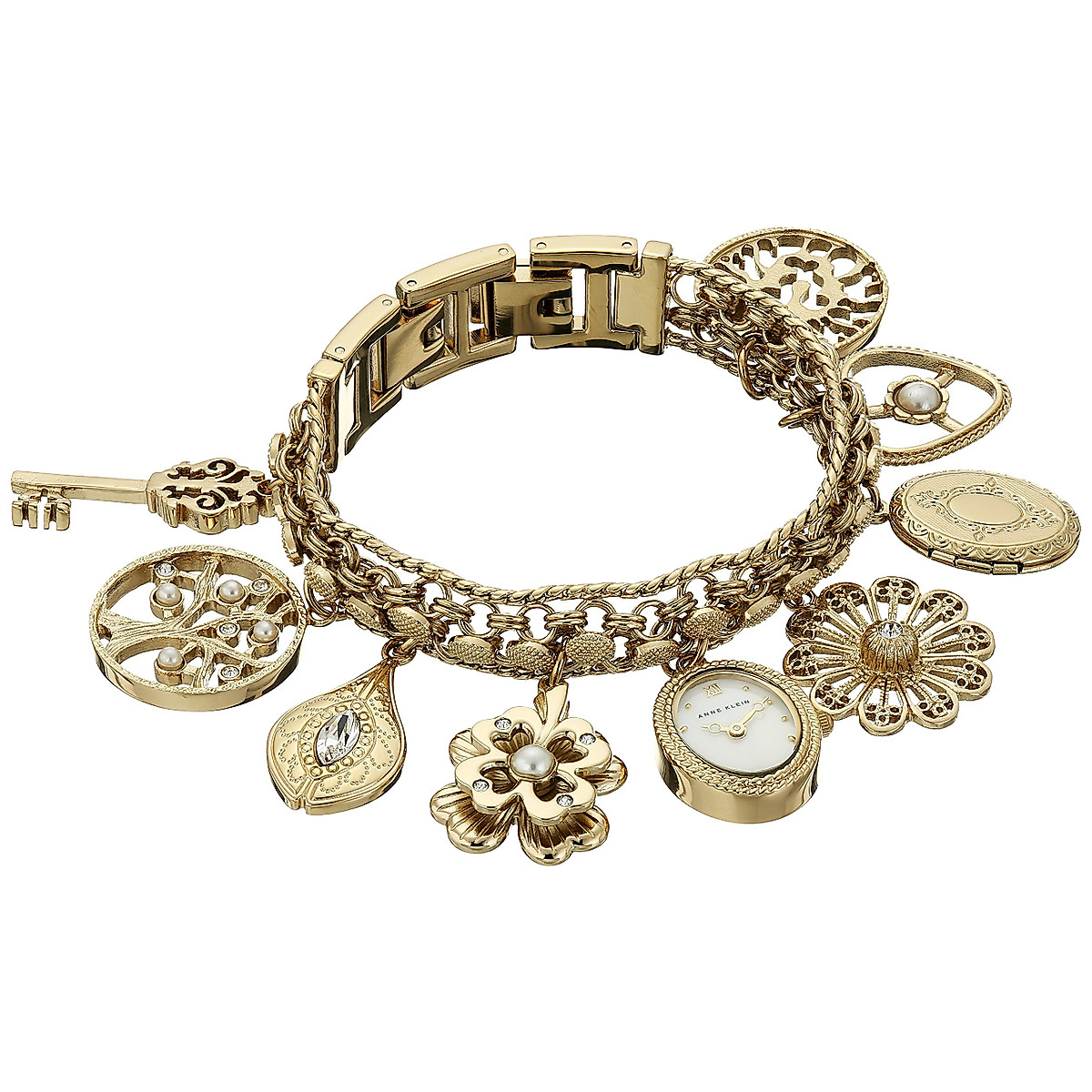 Anne Klein Women's 10-8096CHRM Premium Crystal Accented Gold-Tone Charm Bracelet Watch