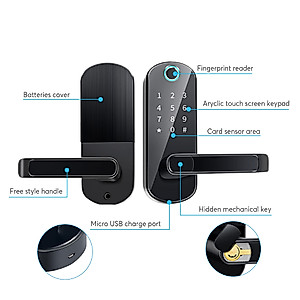 Smart Lock,Bluetooth Enabled Fingerprint and Touchscreen Electronic Door Lock|TTLock Door Lock|Keyless Entry Door Lock|Auto Lock|Remote Share|Smart Door Lock for Front Door Office Airbnb Garage Black
