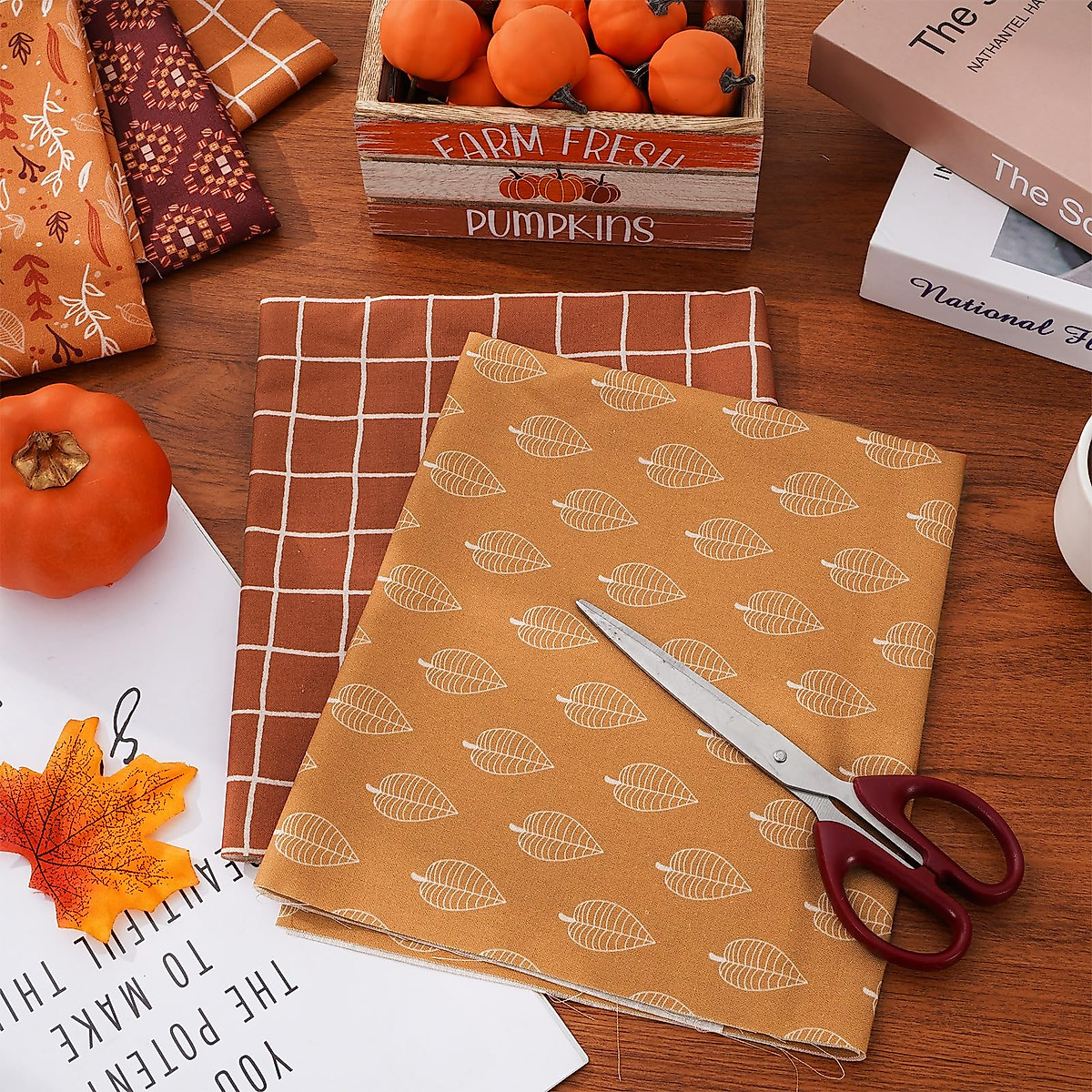 Whaline Terracotta Boho Cotton Fabric Bundles Fall Maple Leaf Plaid Rainbow Printed Fat Quarters Autumn Sewing Fabrics for DIY Handmade Crafting, 18 x 22 Inch