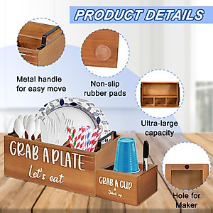 MEMOORIAL Paper Plate Dispenser, Kitchen Countertop Paper Plate Holder, Wood Rustic Silverware Utensil Caddy, Disposable Dish and Cup Holder Utensil Caddy for Kitchen, Party, BBQ